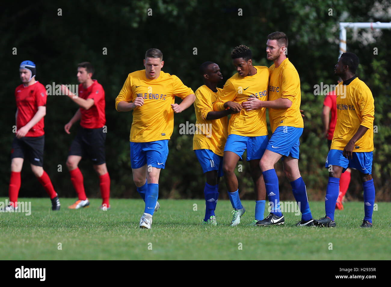 Mile End celebrate their second goal during Mile End (yellow/blue) vs ...