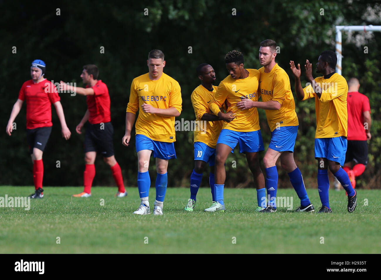 Mile End celebrate their second goal during Mile End (yellow/blue) vs ...
