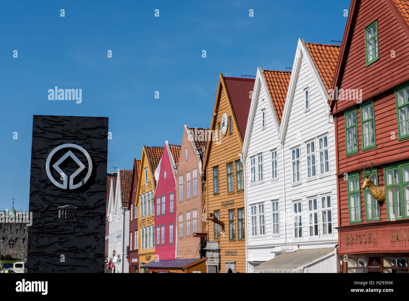 Norway, Bergen. Bryggen, historic waterfront area. Wooden historic ...