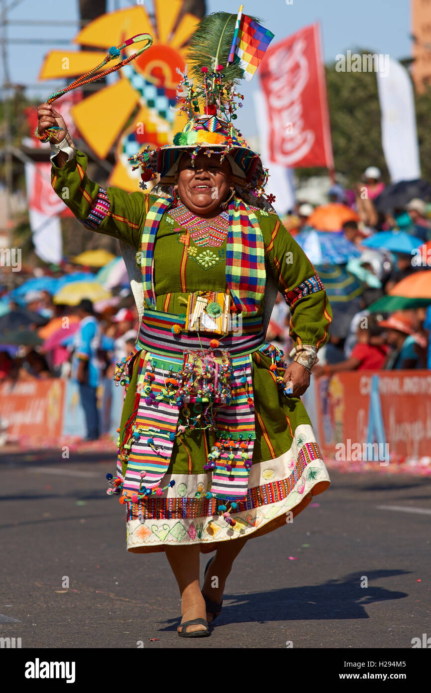 Tinkus dancing group in colourful costumes performing at the Carnaval ...