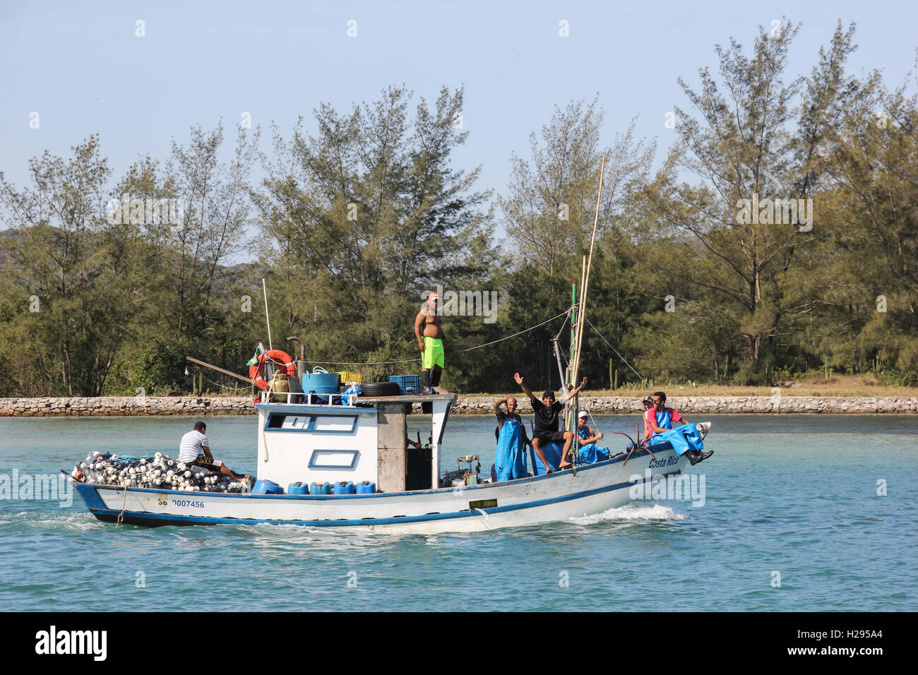 Brazilian fishing boat seen in the sea of Cabo Frio city in the Lakes ...
