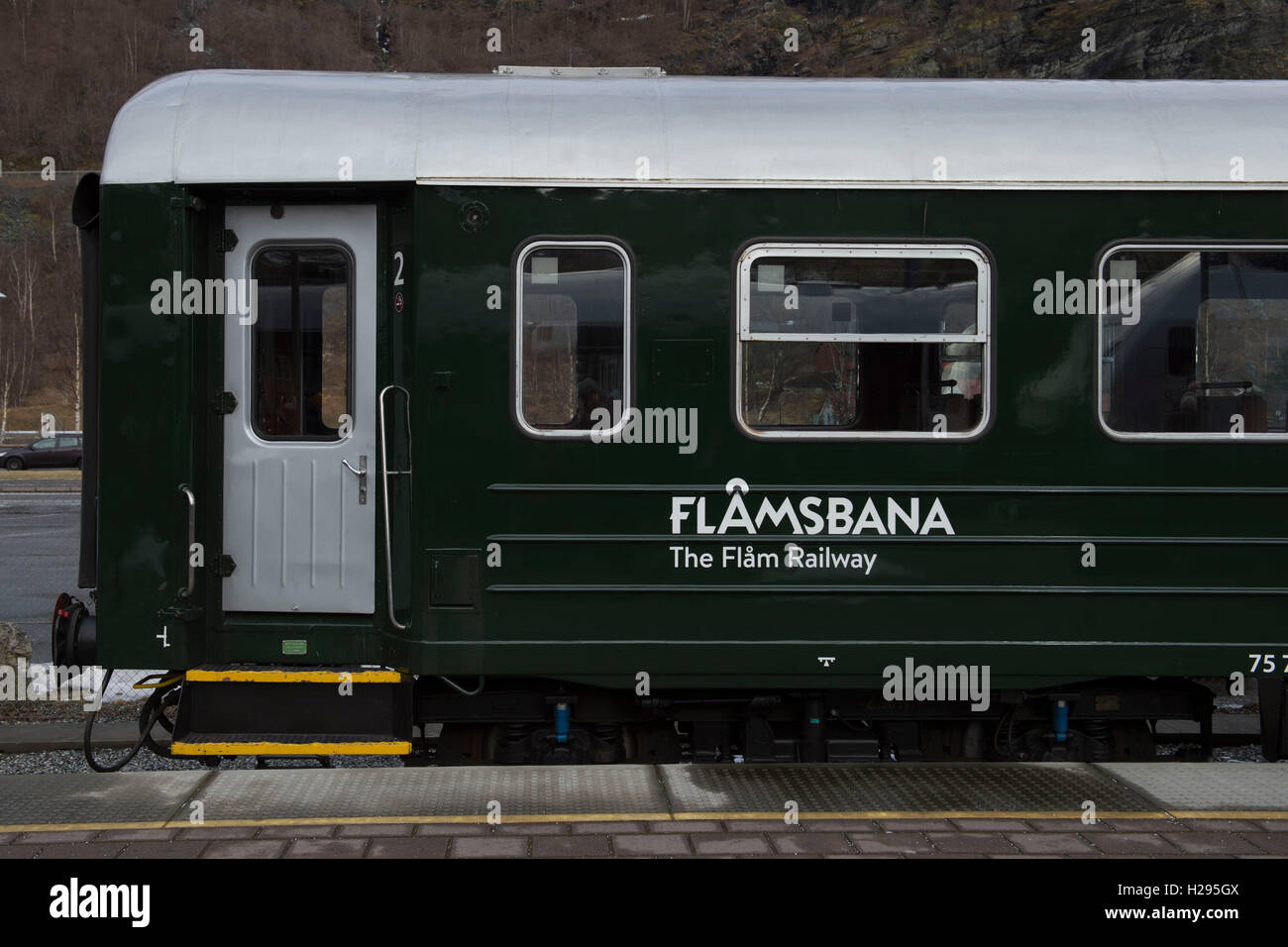 Flam railway train in Flam carriage in Flam, Aurland, Norway Stock ...