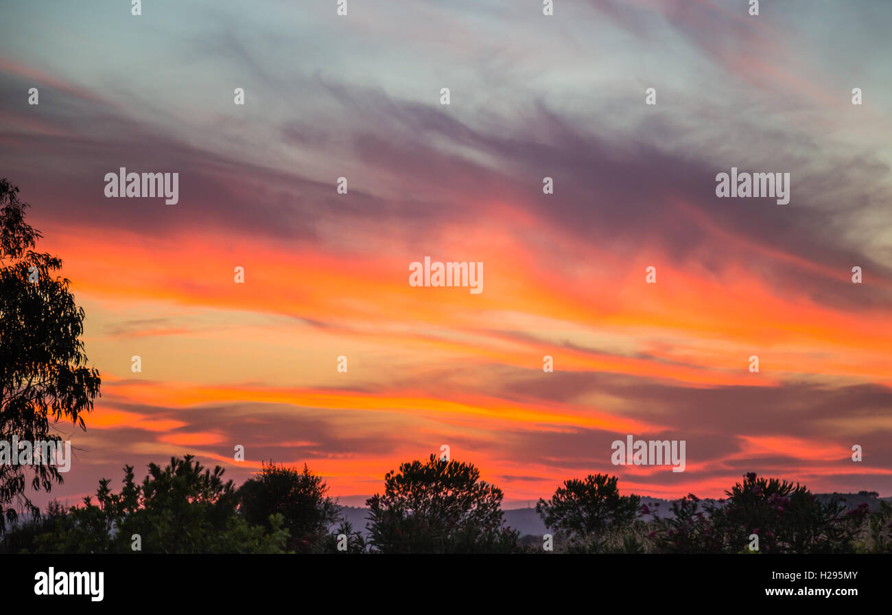 Fiery red and orange Spanish, Andalucian sunset with wispy clouds and ...