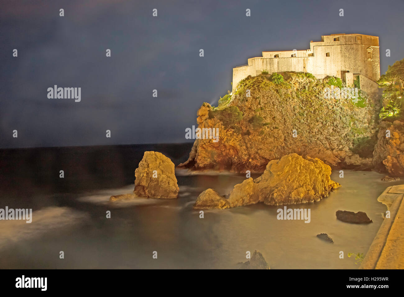The illuminated medieval fort at Dubrovnik on the Croatian coast of the ...