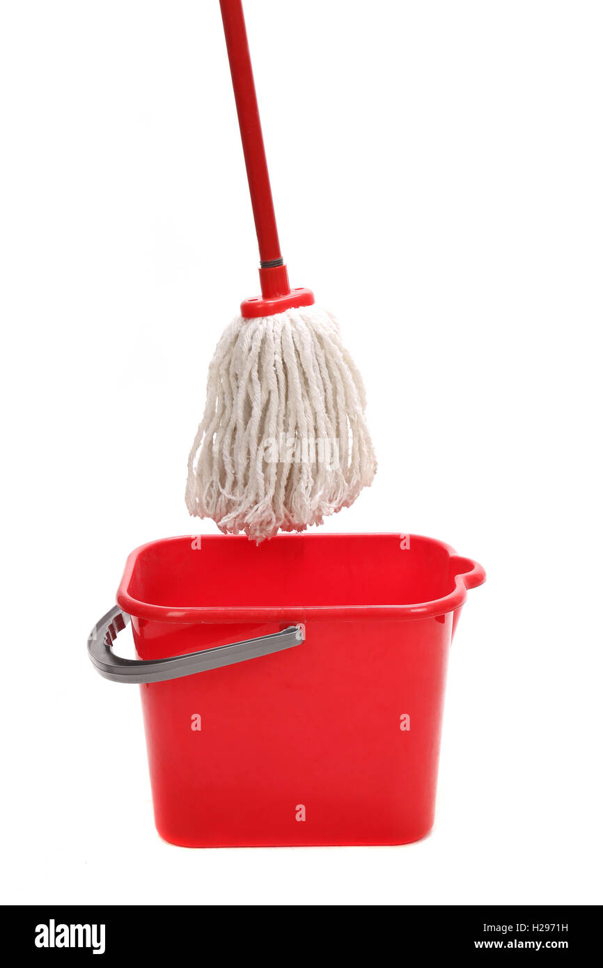 Red bucket with cleaning mop Stock Photo - Alamy