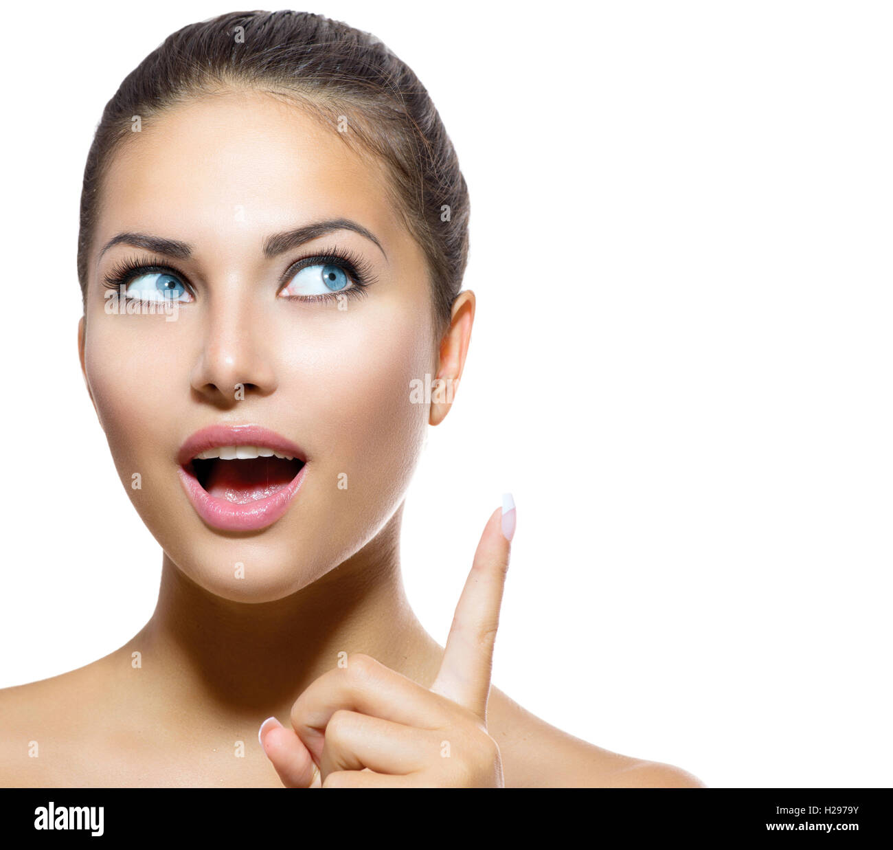 Beauty Portrait. Beautiful Spa Girl showing Finger Up Stock Photo - Alamy