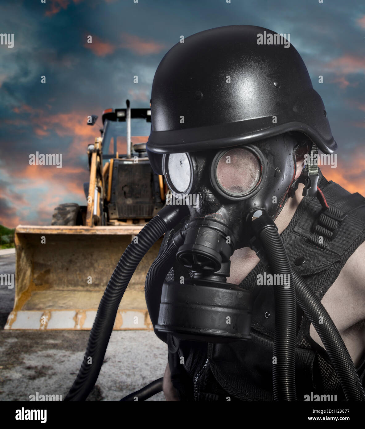 Pollution.Environmental disaster. Post apocalyptic survivor in g Stock ...