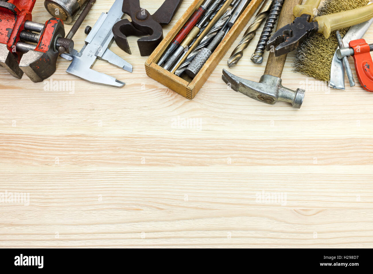 old tool set of various instruments for house repair and construction ...
