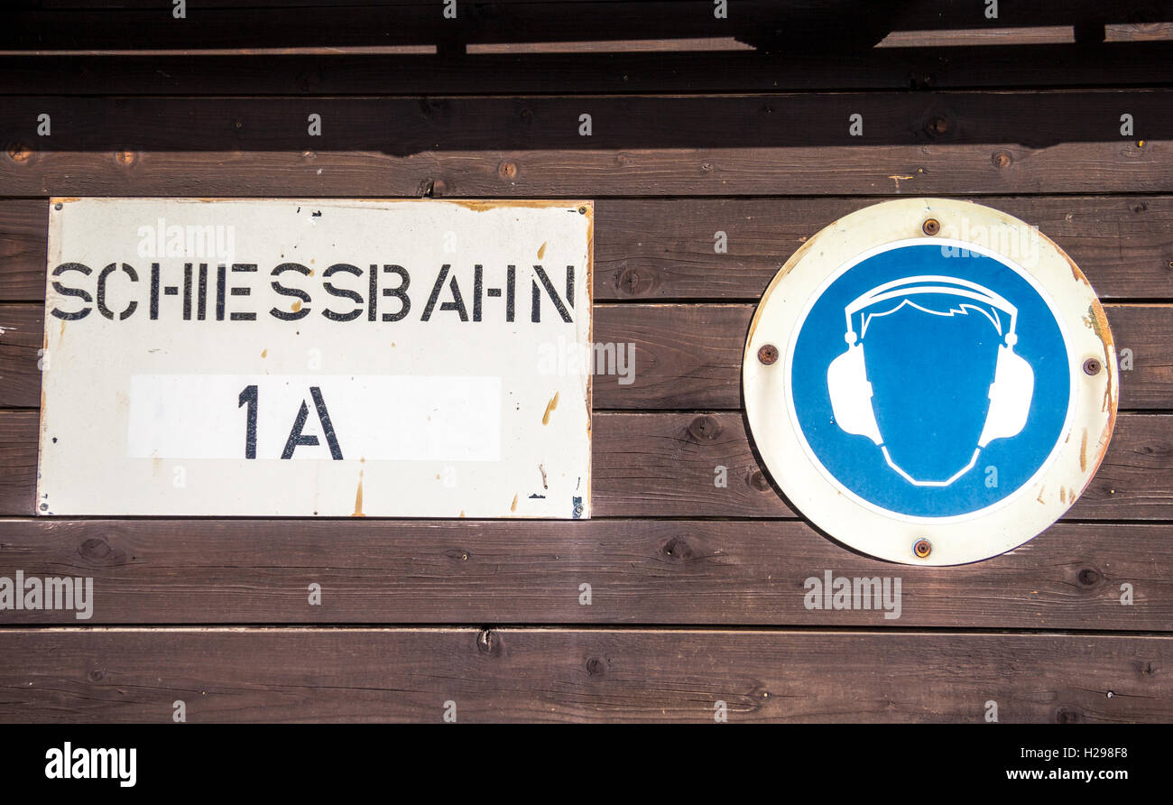 german Schiessbahn " shooting range" sign with ear muff symbol Stock ...