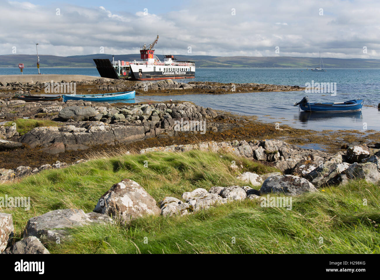 Isle of Gigha, Scotland. Picturesque view of the CalMac ferry MV Loch ...