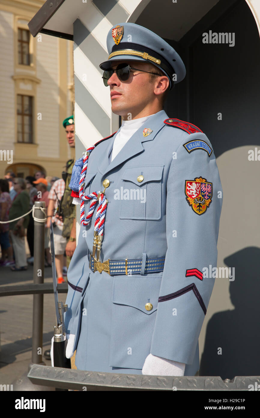 Guard on duty in a summer time blue uniform at Prague Castle Stock ...