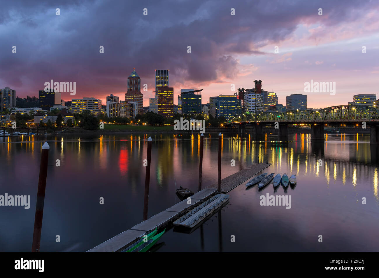 Portland Oregon city downtown waterfront skyline along Willamette River ...