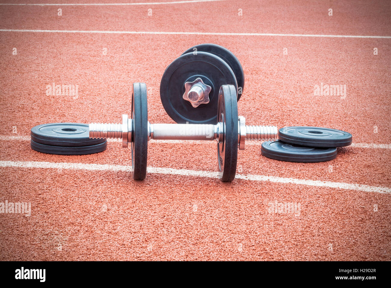 Dumbbells with weights on sports ground Stock Photo - Alamy