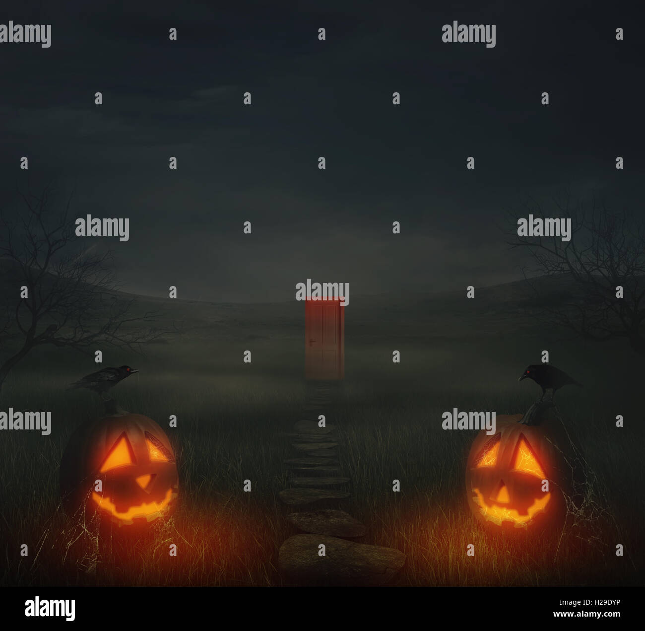 Horror halloween background of autumn valley with spooky trees, jack-o ...