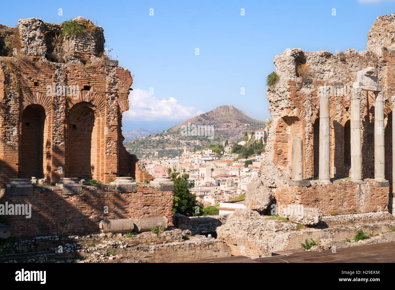 Mountains behind the ancient Greek theatre in Taormina, Sicily , Italy ...