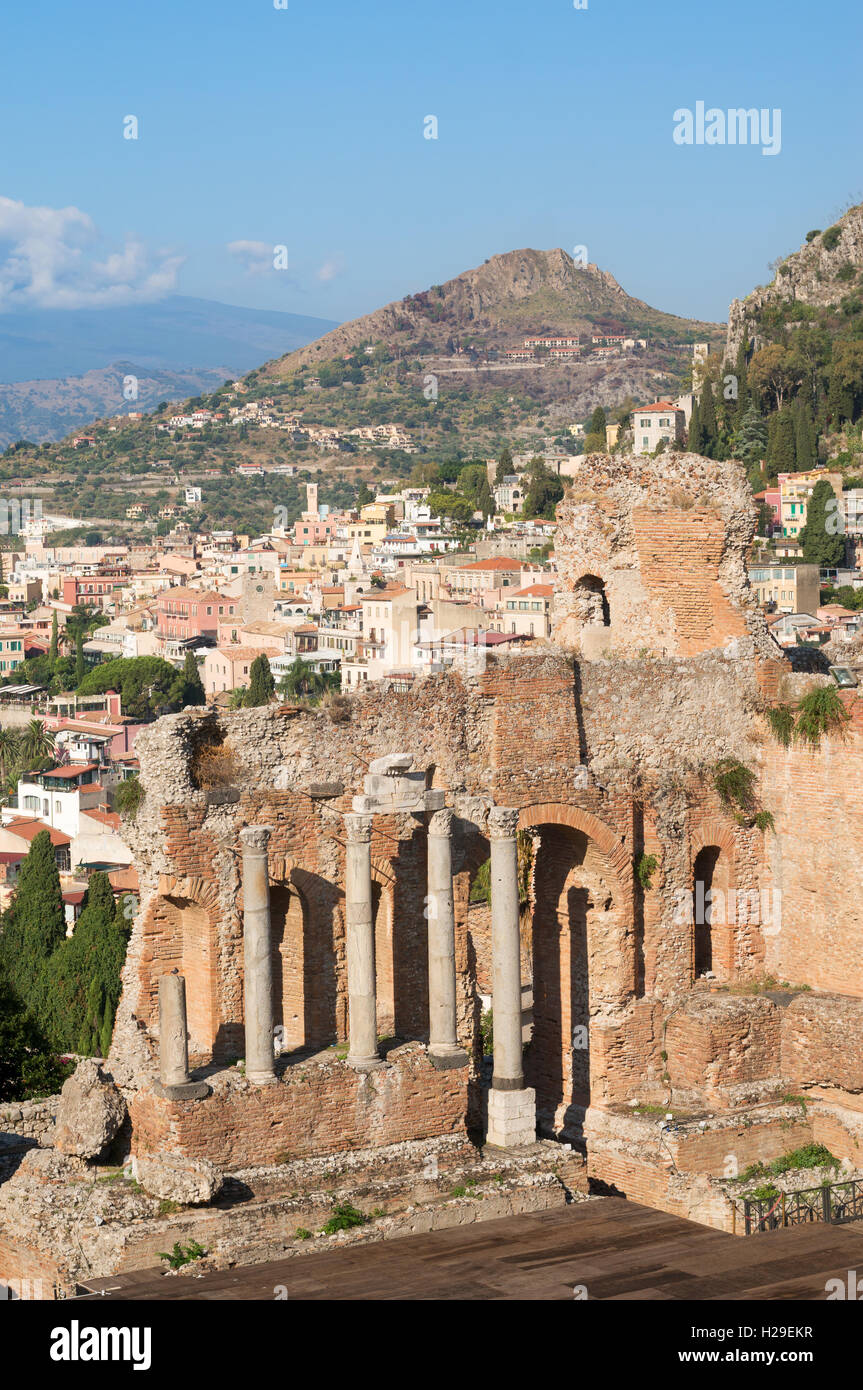 Mountains behind the ancient Greek theatre in Taormina, Sicily , Italy ...
