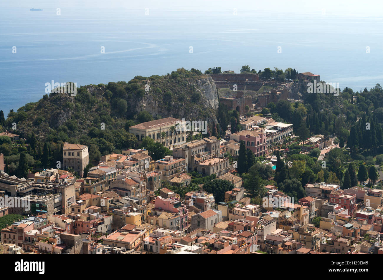 Taormina from above with the town and Greco Roman amphitheatre, Sicily ...