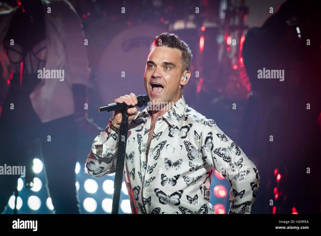 Robbie Williams performs live on stage as part of the Apple Music ...