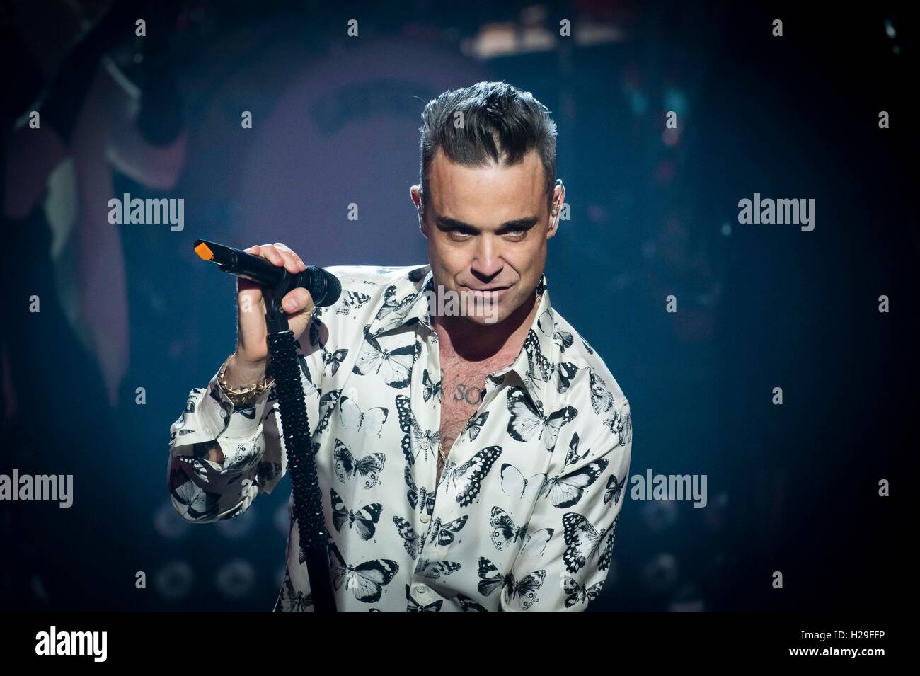 Robbie Williams performs live on stage as part of the Apple Music ...