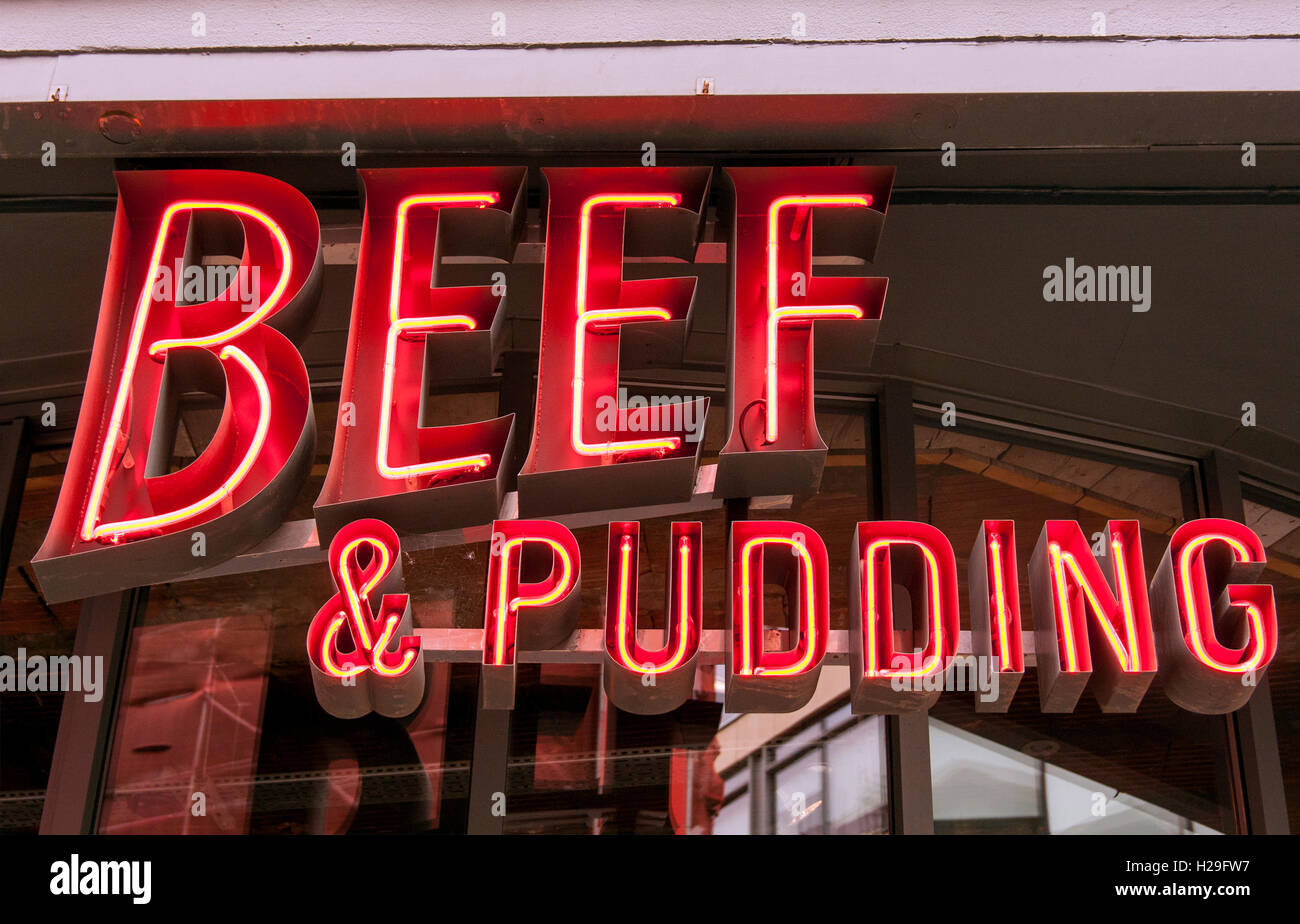 Beef and Pudding Neon Sign Manchester Restaurant Stock Photo - Alamy
