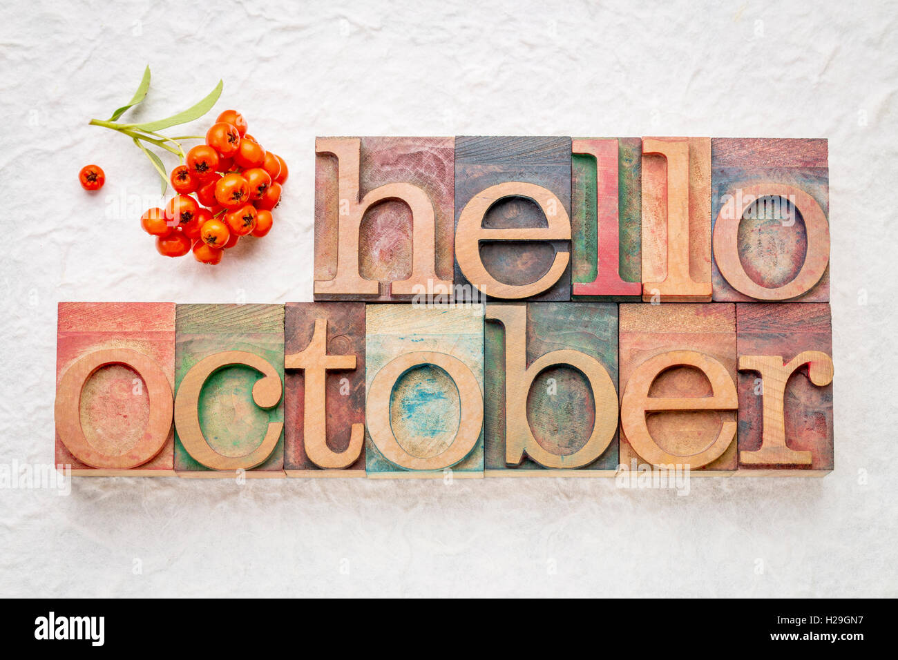 hello October greeting card - letterpress wood type blocks against ...