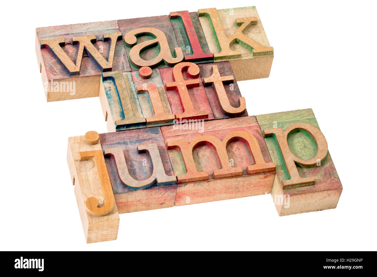 exercise and fitness concept - walk, jump, and lift - isolated word ...