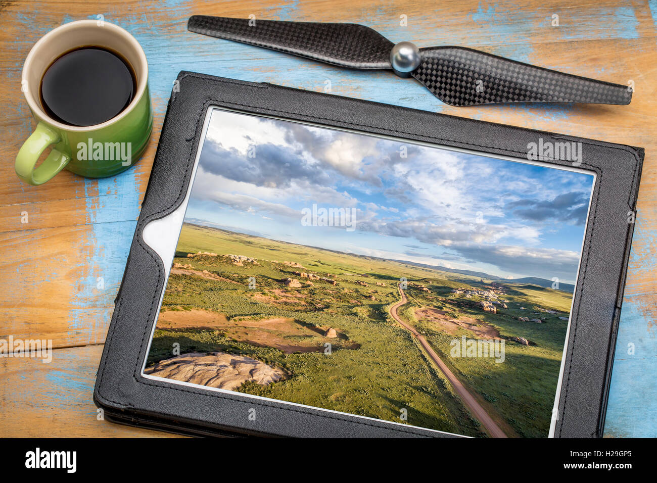 aerial photography concept - reviewing pictures of prairie landscape on ...