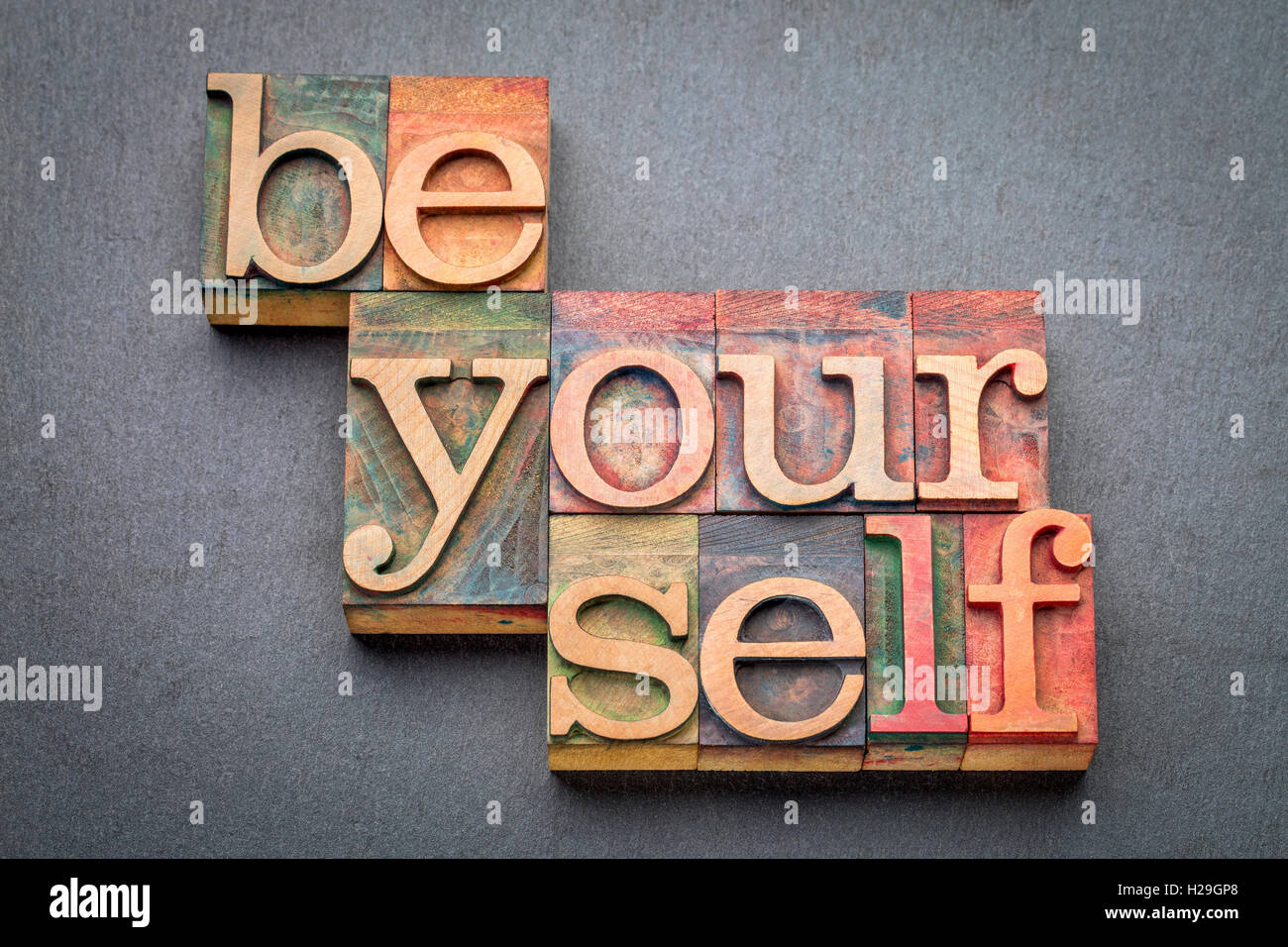 be yourself word abstract in letterpress wood type blocks against gray ...