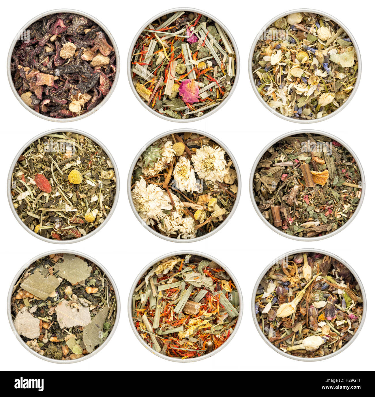 collection of nine herbal blend Chinese tea in round metal cans, top ...