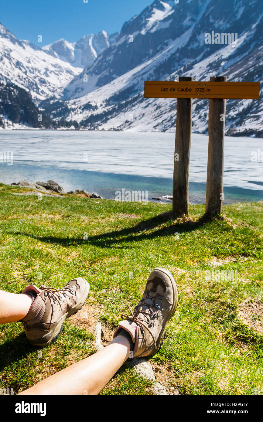 Mountain landscape, lake and woman legs Stock Photo - Alamy