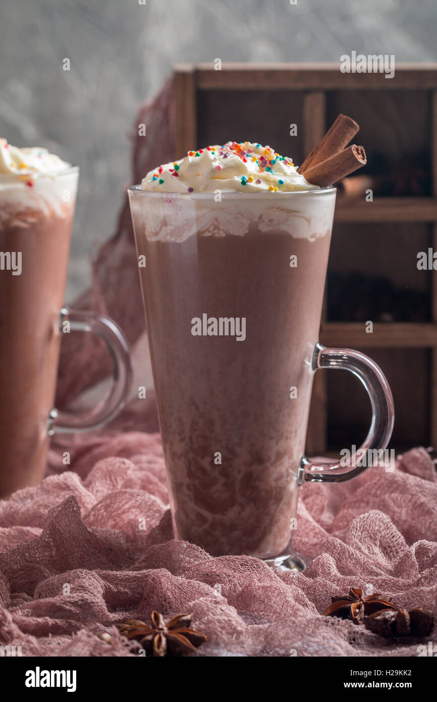 Chocolate milkshake in tall glass mugs Stock Photo - Alamy
