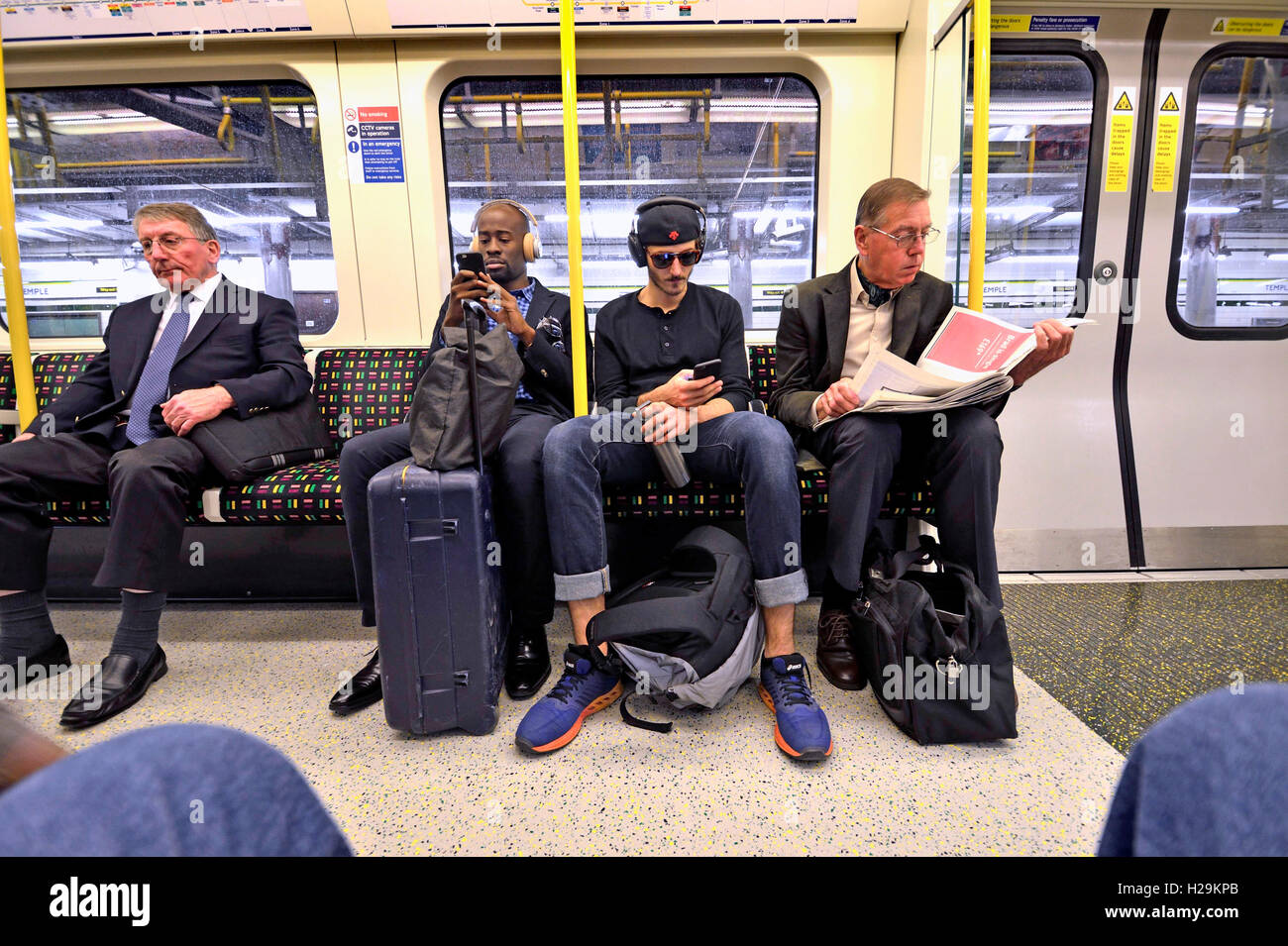 London, England, UK. Passengers on a London Underground tube train ...