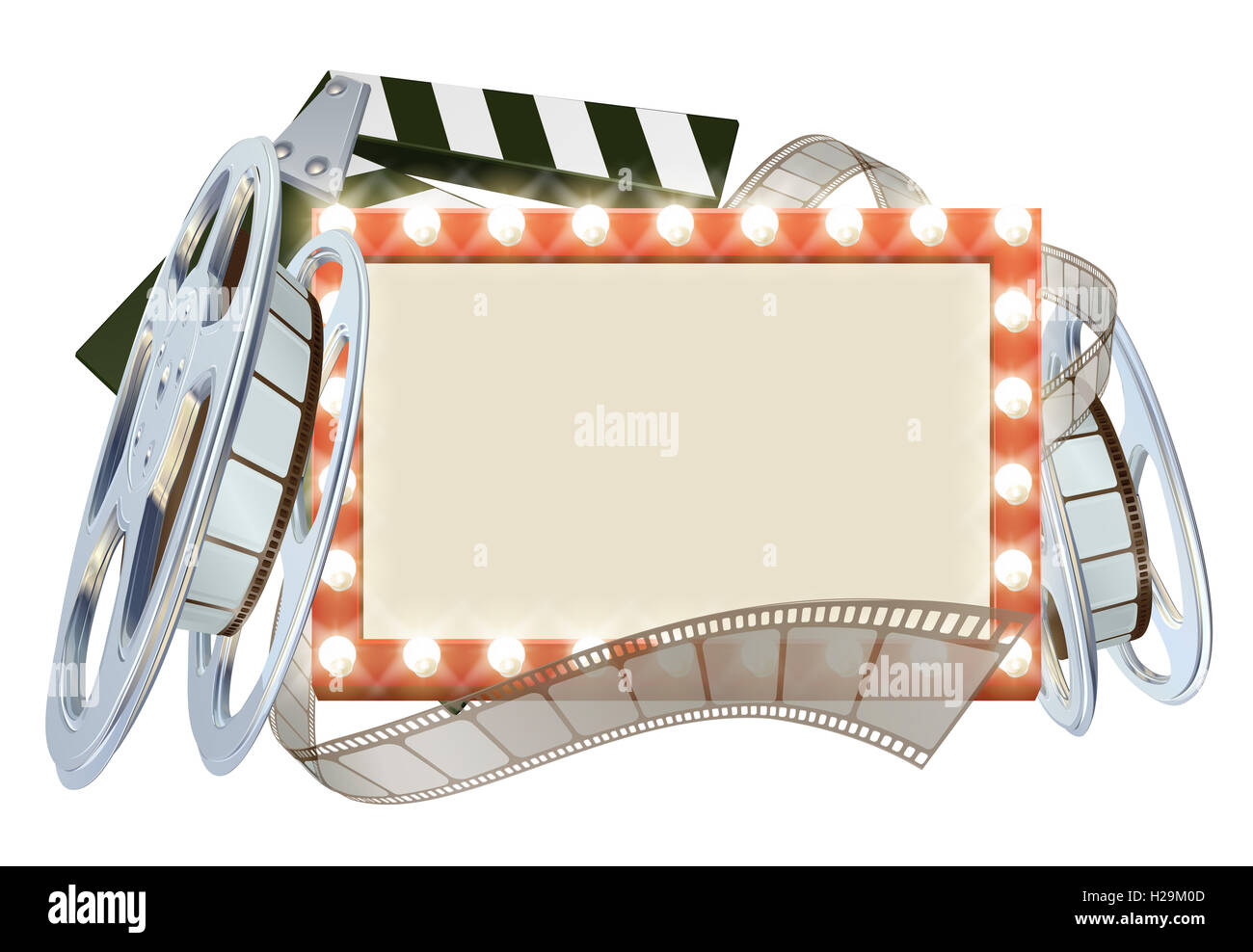 Movie cinema film sign with light bulbs sign clapperboard and film reel ...
