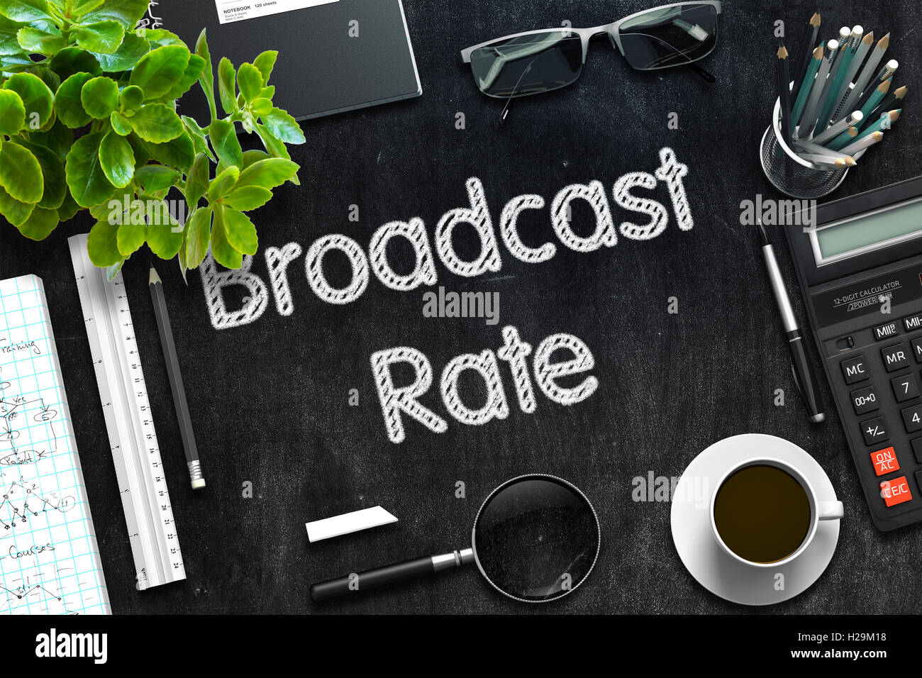 Black Chalkboard with Broadcast Rate. 3D Rendering Stock Photo - Alamy