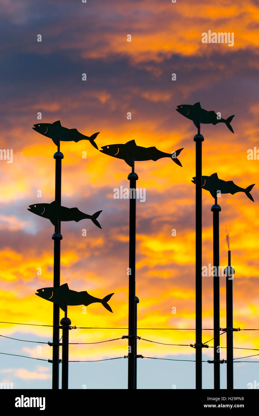 On Southport, Merseyside resort seafront at sunset, fish-shaped beach ...