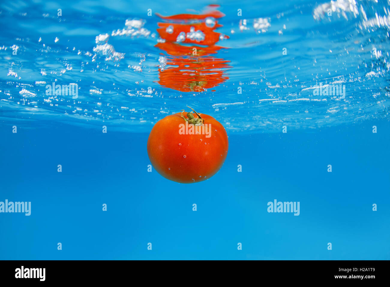 Odessa, Ukraine. 18th Sep, 2016. Tomato splashing in blue water ...