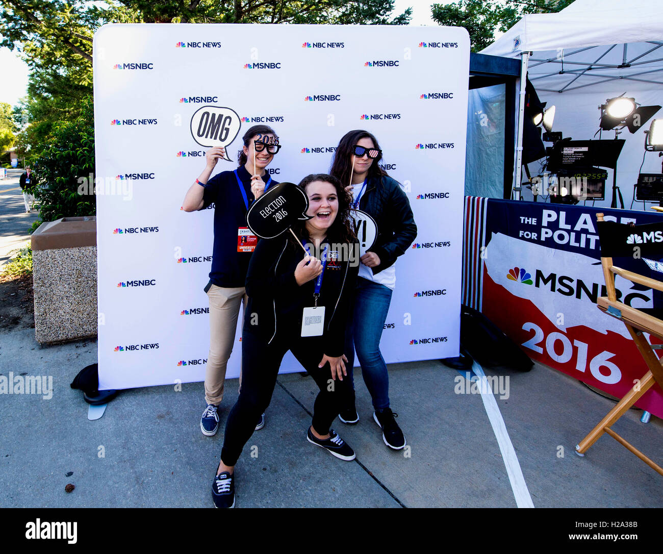 Hempstead, New York, USA. 26th Sep, 2016. Students hold props to pose ...