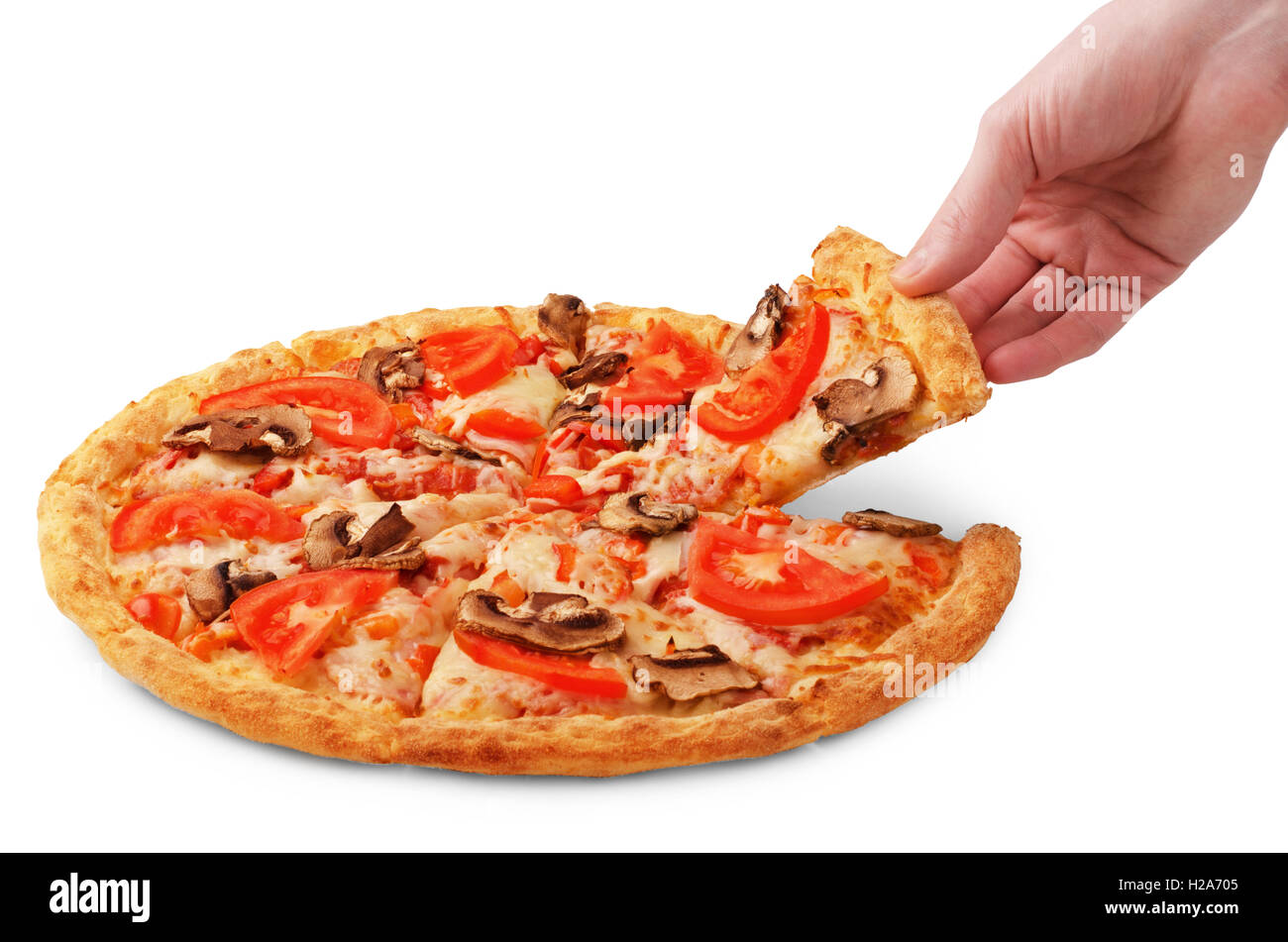 Italian pizza with hand isolated over white background Stock Photo - Alamy