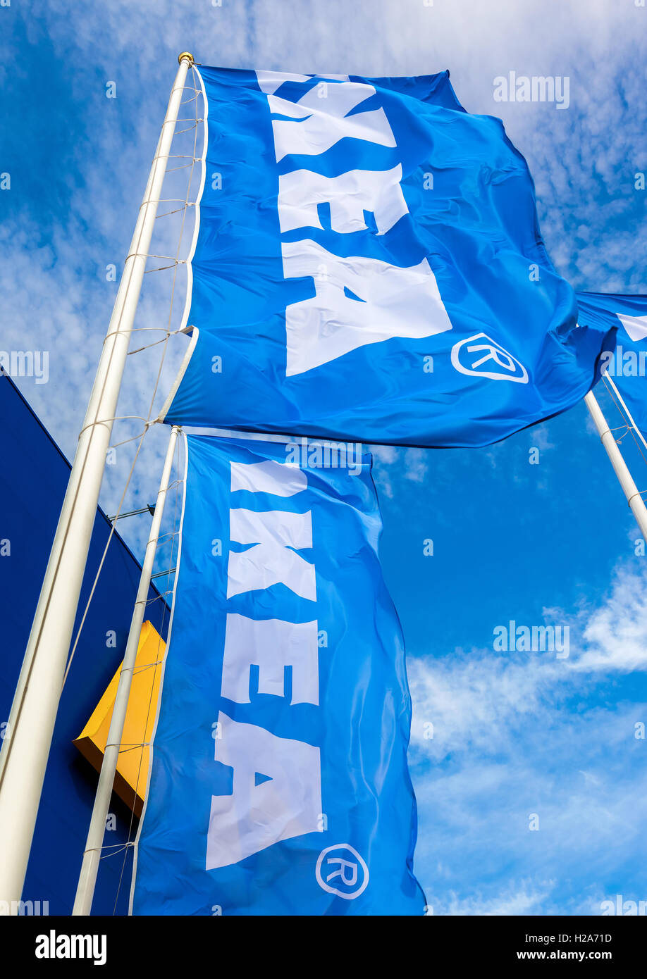 IKEA flags against a blue sky near the IKEA Samara Store Stock Photo ...