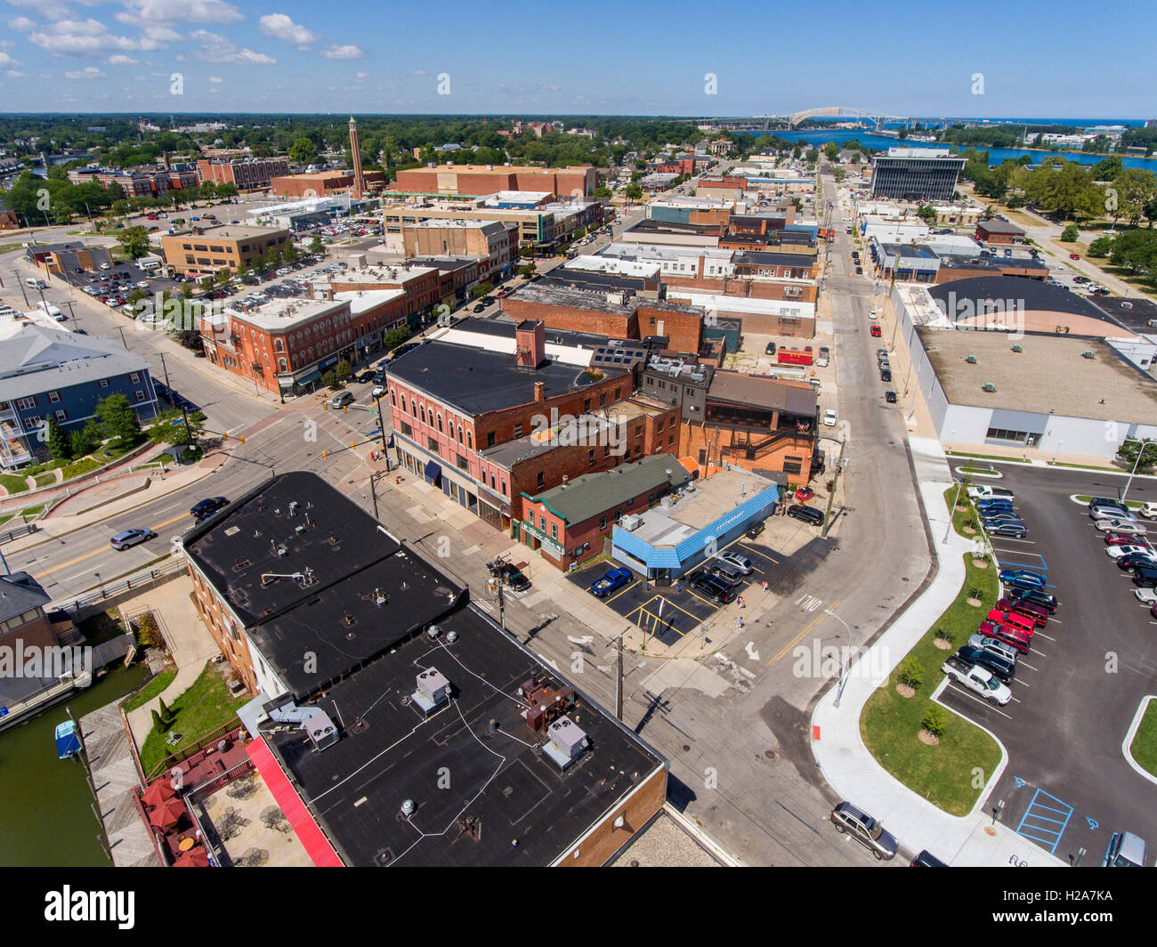 Aerial view looking north of downtown Port Huron Michigan with Canada ...