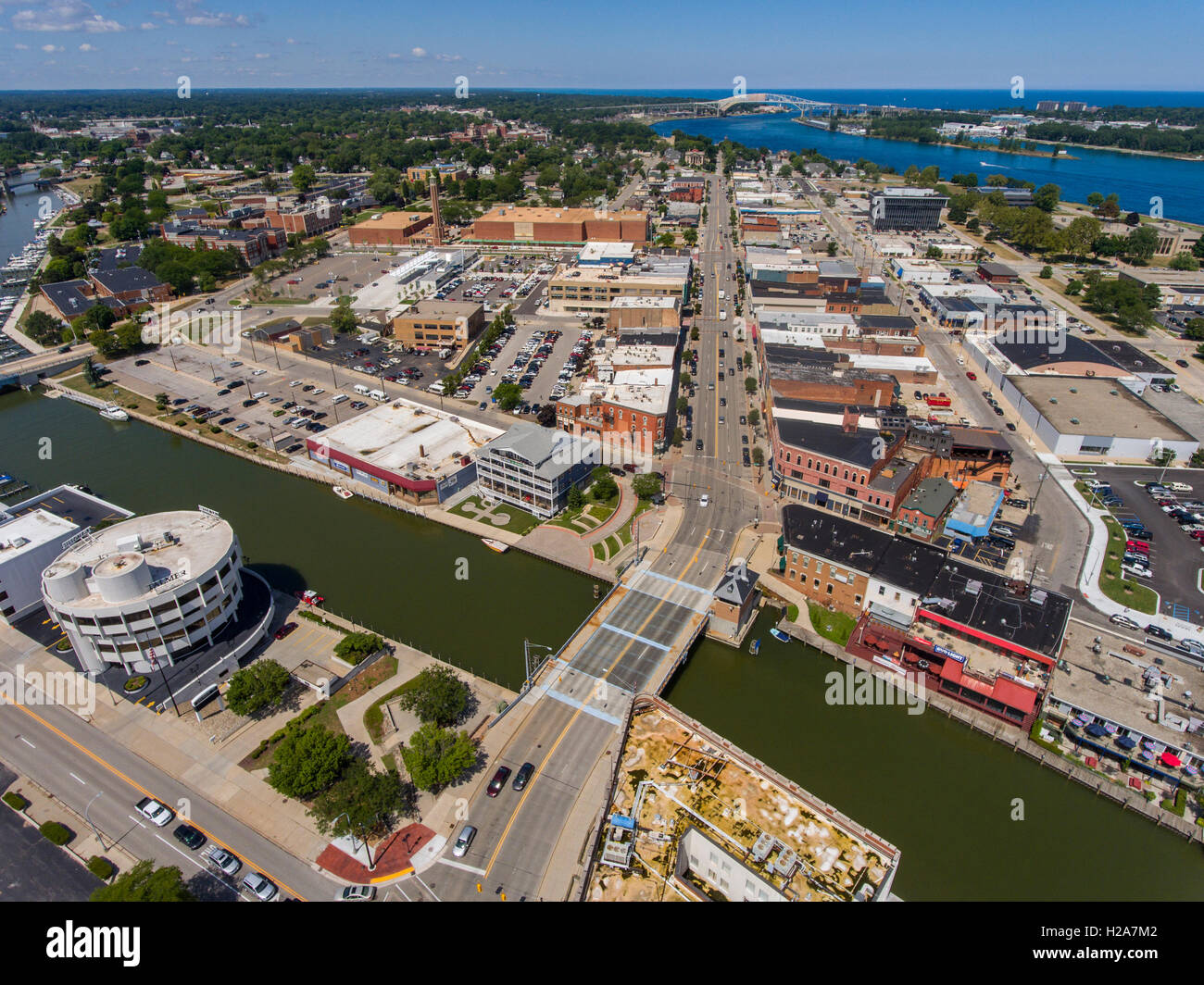 Aerial view looking north of downtown Port Huron Michigan with Canada ...