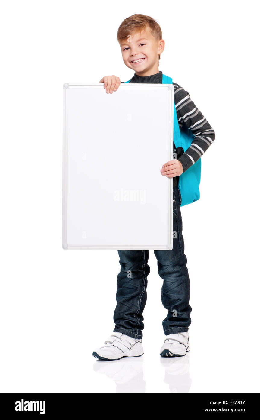 Boy presenting blank board Stock Photo - Alamy