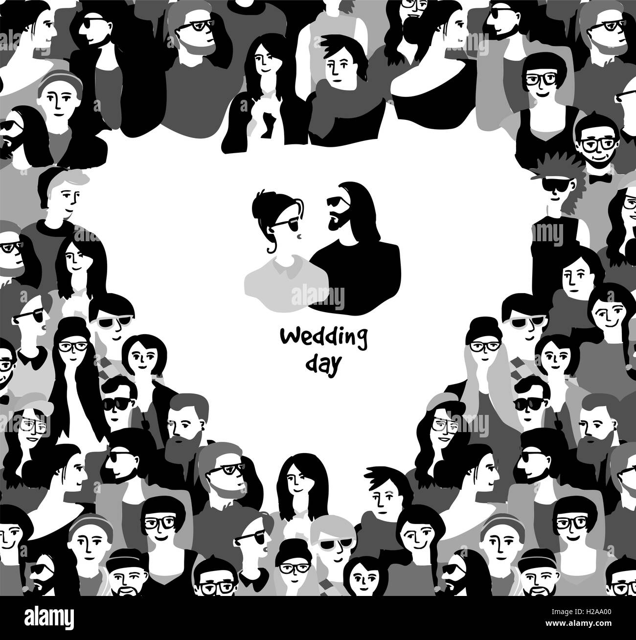 Happy wedding day card couple border heart symbol black and white Stock ...