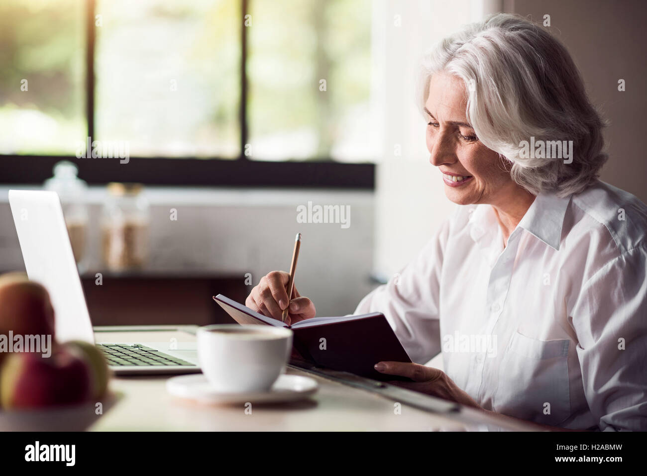 Lady writing with laptop hi-res stock photography and images - Alamy