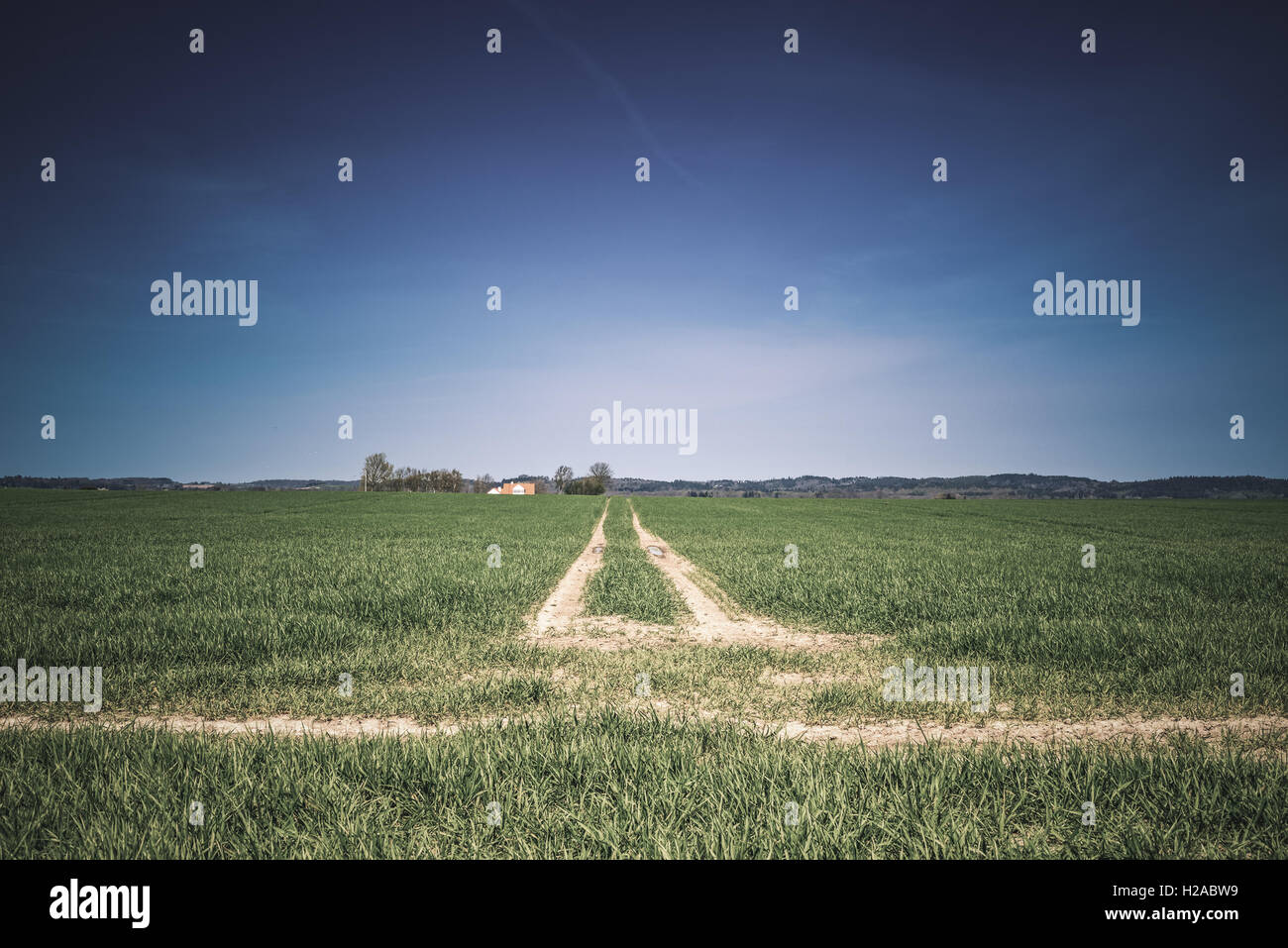 Countryside field with tire tracks going to a farm house Stock Photo ...