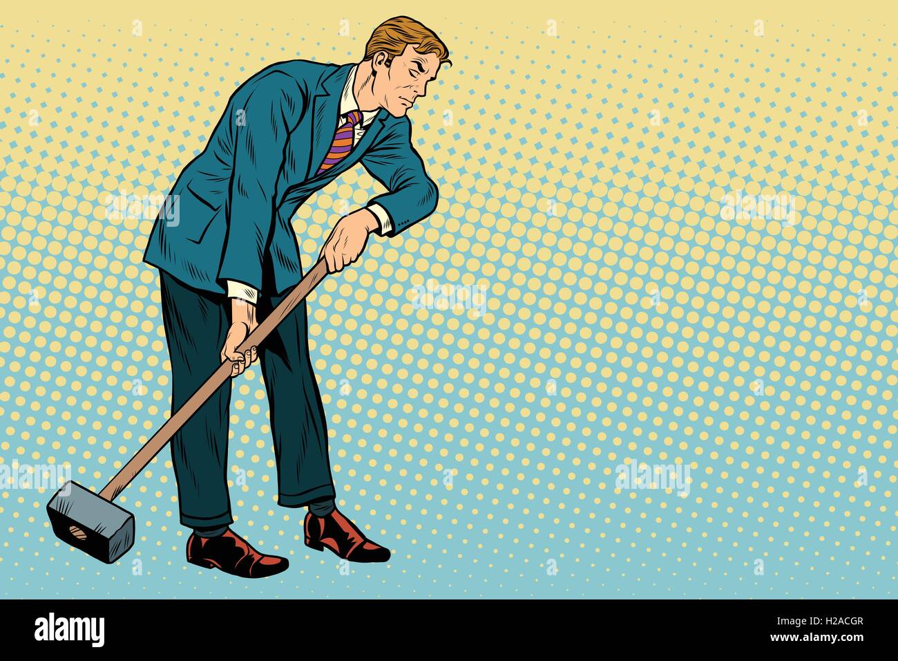 Retro businessman with a big hammer, copy space right Stock Vector ...