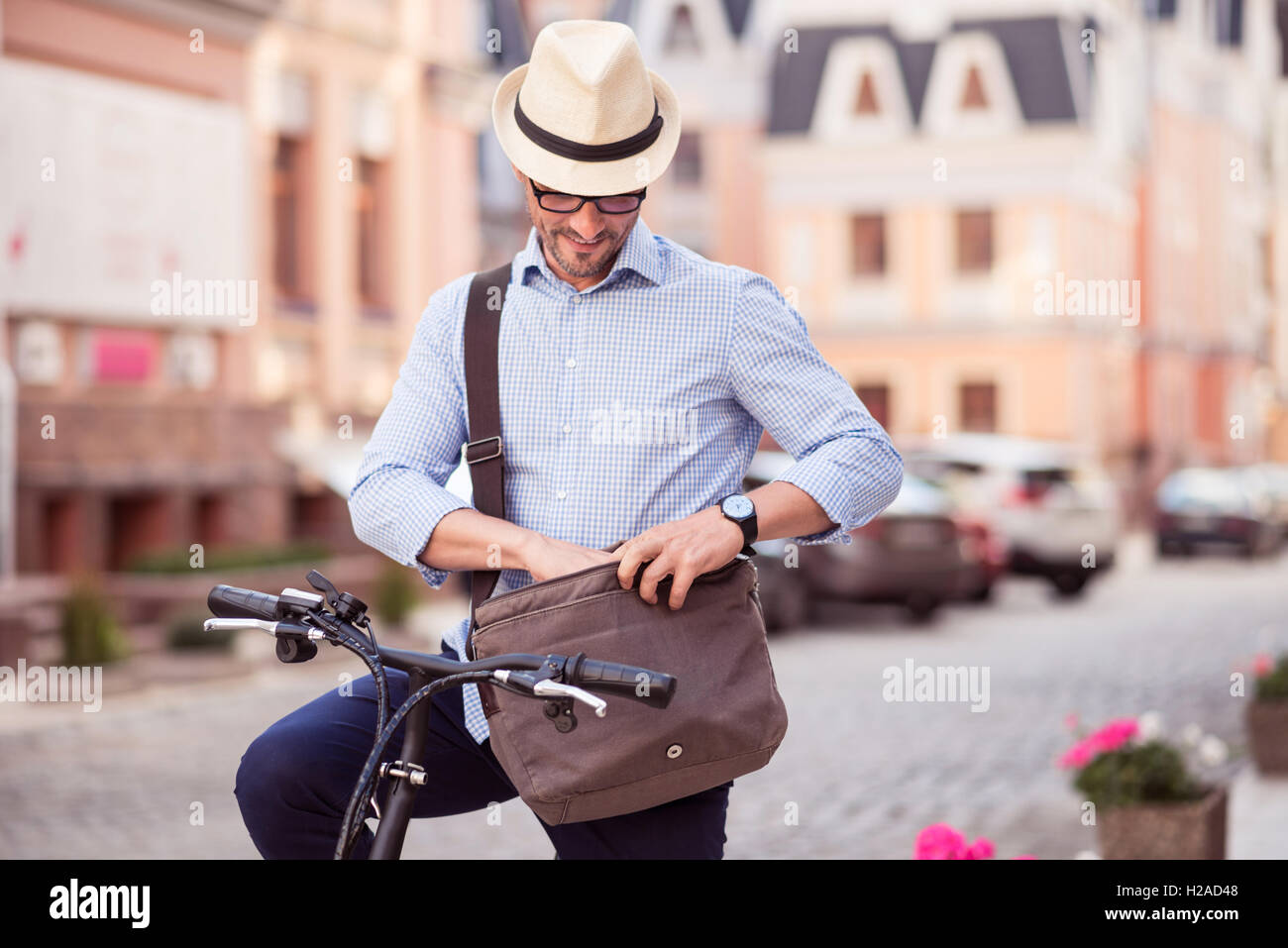 Man cheerful smile ride bicycle hi-res stock photography and images - Alamy