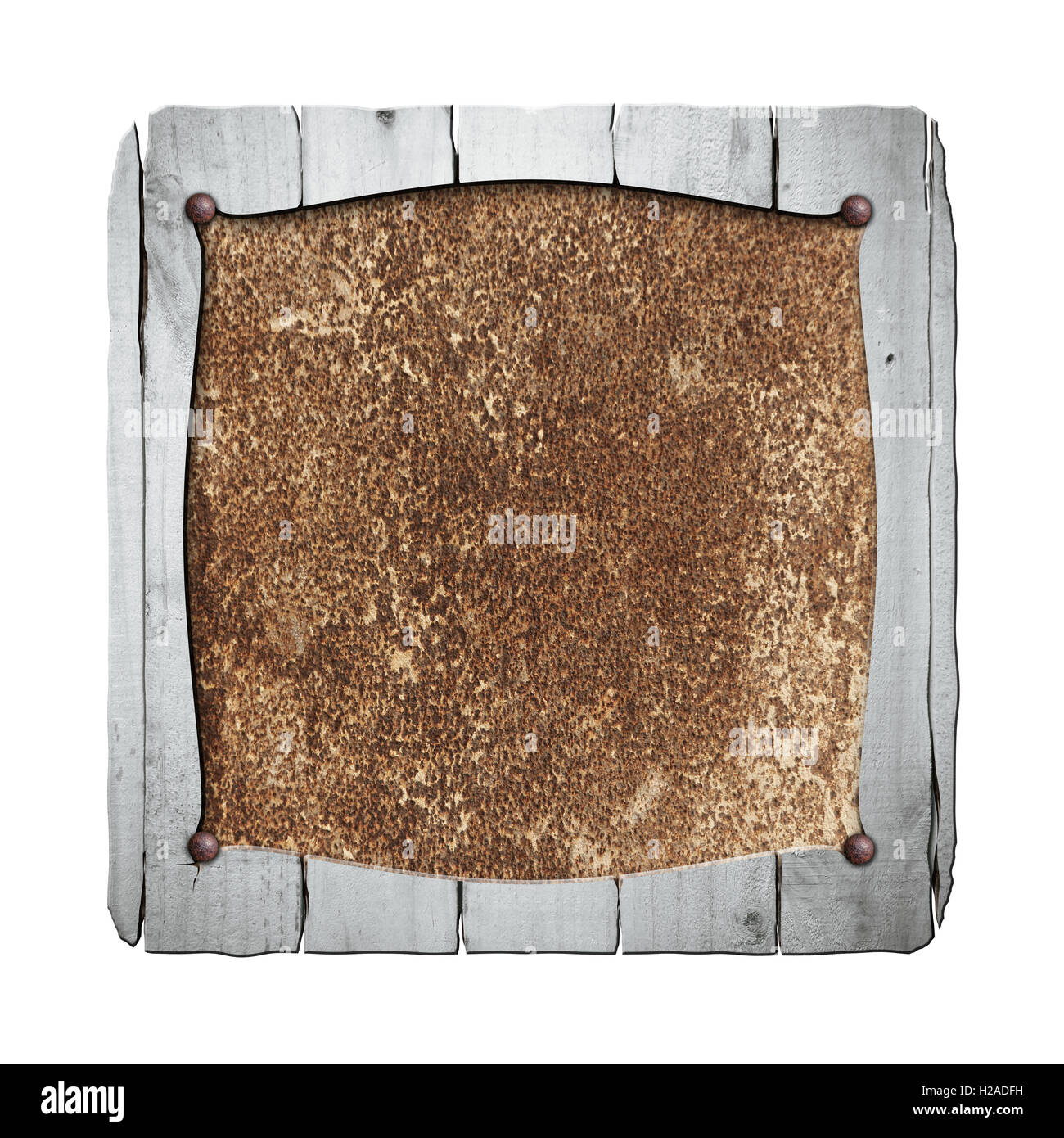 set 8. rustic wood frame on rusty metal plate. isolated white ...