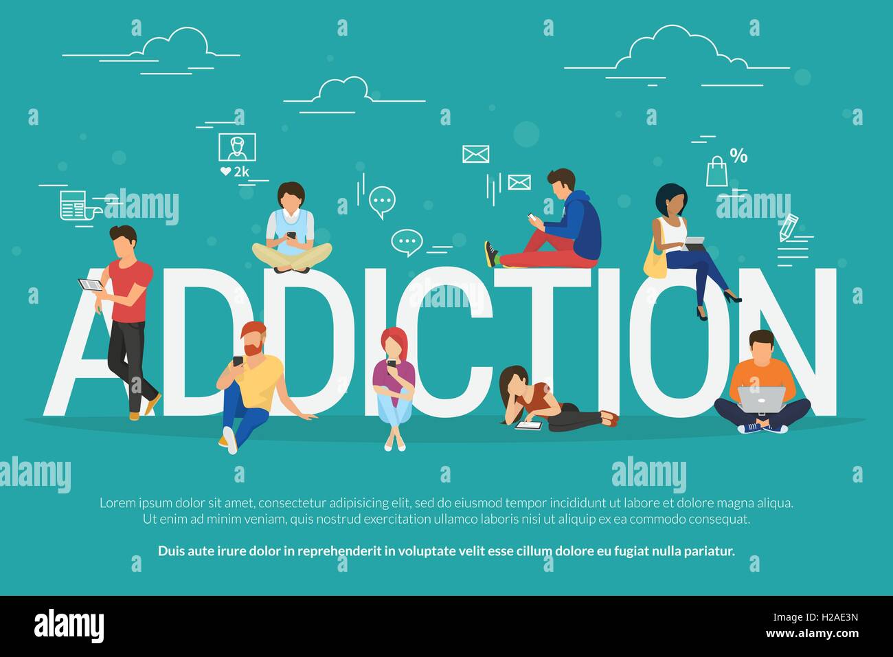 Addiction concept illustration of young people using devices such as ...