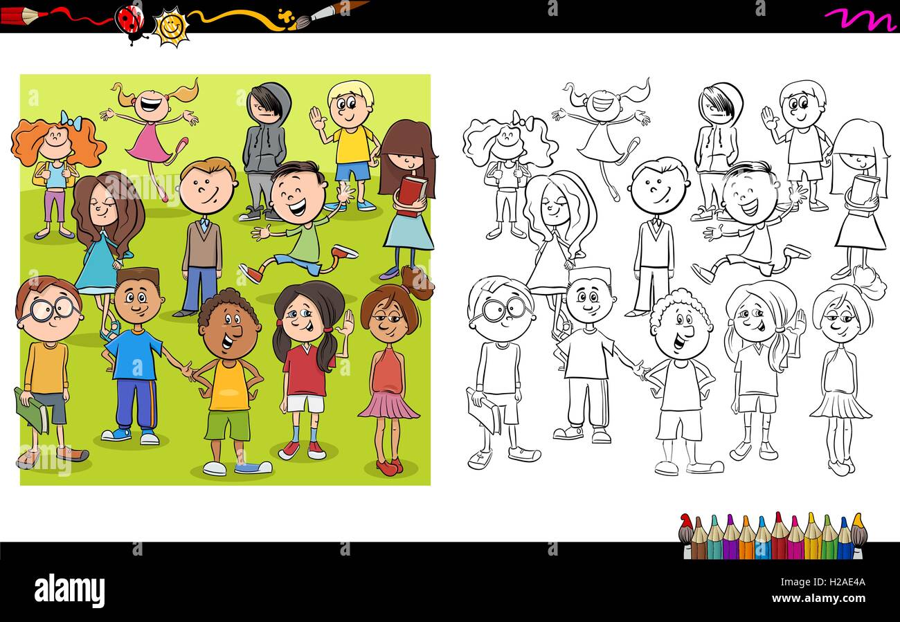 Cartoon Illustration of Kid or Teen Characters Coloring Book Activity ...